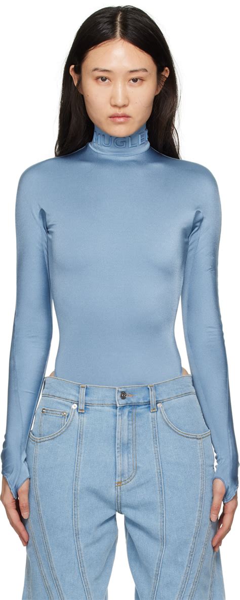 Blue High Neck Bodysuit By Mugler On Sale