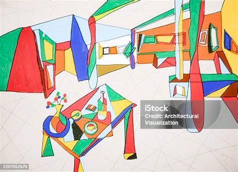 르 코르뷔지에 의 입체파 해석 현대적인 인테리어 디자인 현장의 다채로운 추상화 3차원 형태에 대한 스톡 벡터 아트 및 기타 이미지 Istock