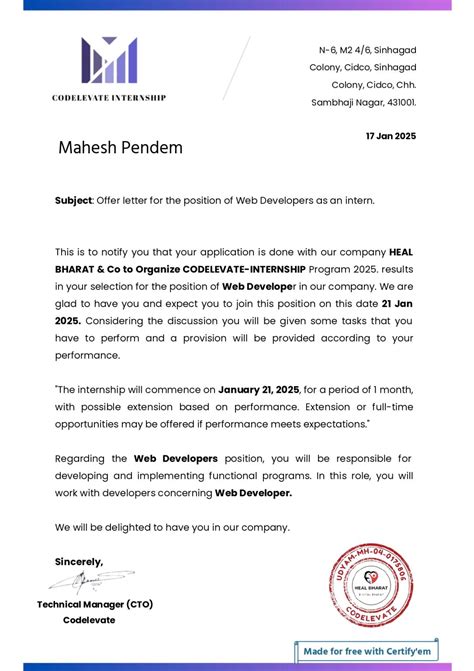 Webdevelopment Internship Codelevate Healbharat Learningandgrowth Mahesh Pendem