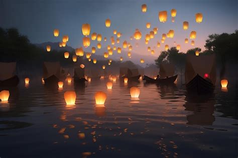 Premium Photo A Water Scene With A Floating Lanterns Floating In The