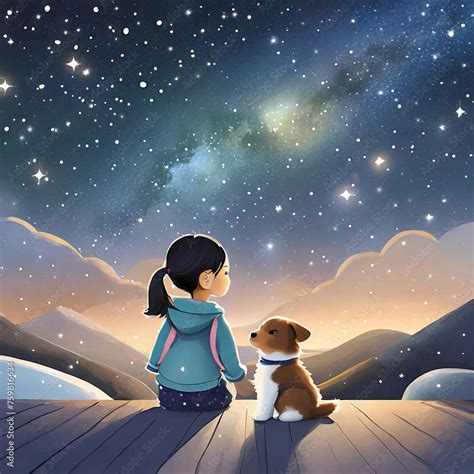 마루에 앉아 강아지와 함께 밤하늘의 별빛을 바라보는 귀여운 소녀 Stock Illustration Adobe Stock