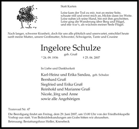 Traueranzeigen Von Ingelore Schulze AZ Trauer De