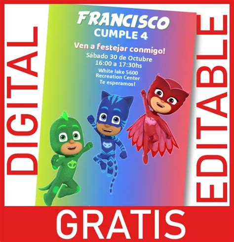 GRATIS Invitación PJ Masks Héroes en Pijamas Editable Digital