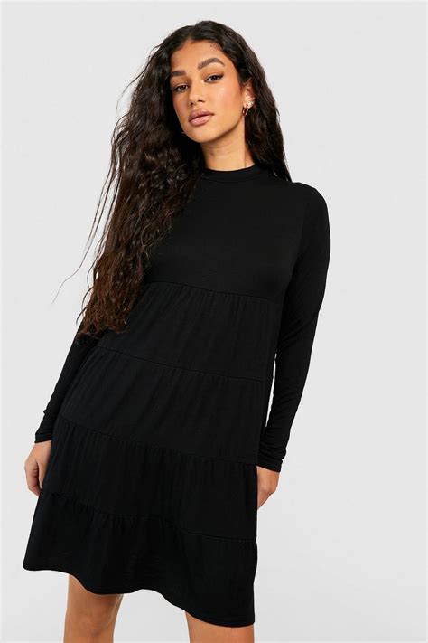 High Neck Tiered Smock Dress Boohoo Uk