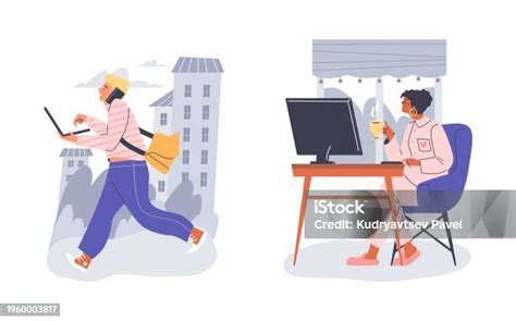 프리랜서 라이프 스타일 벡터 일러스트 세트 직장에서 집과 어디서나 노트북에서 원격 작업의 이점 노트북에 대한 스톡 벡터 아트 및 기타 이미지 Istock