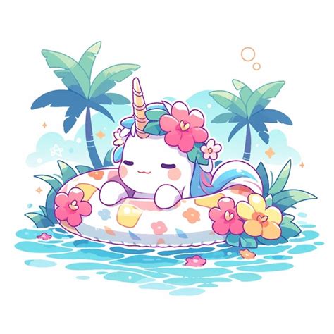 Premium Ai Image Cartoon Unicorn Floating On A Floatie In The Water With Flowers Generative Ai