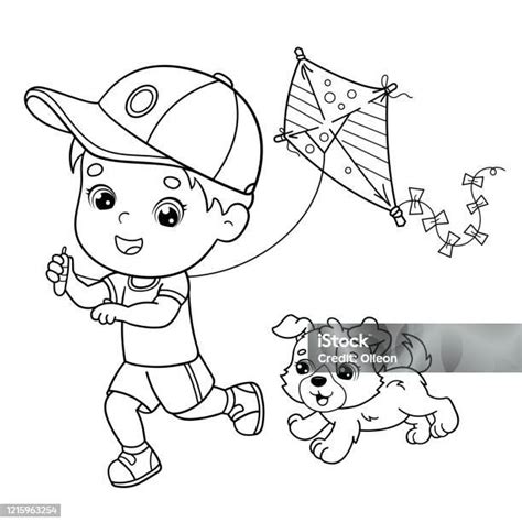 색칠 페이지 개요 개와 연으로 실행 만화 소년의 개요 아이들을위한 색칠 공부 책 색칠하기에 대한 스톡 벡터 아트 및 기타 이미지