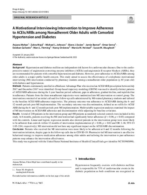 Pdf A Motivational Interviewing Intervention To Improve Adherence To Aceisarbs Among