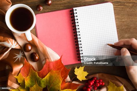 노트북에 쓰는 펜으로 여자의 손 화려한 단풍과 단풍나무 차의 컵 갈색 나무 테이블에 나뭇잎 가 분위기와 글 개념입니다 텍스트에 대 한 빈 장소입니다 최고의 볼 수 있습니다
