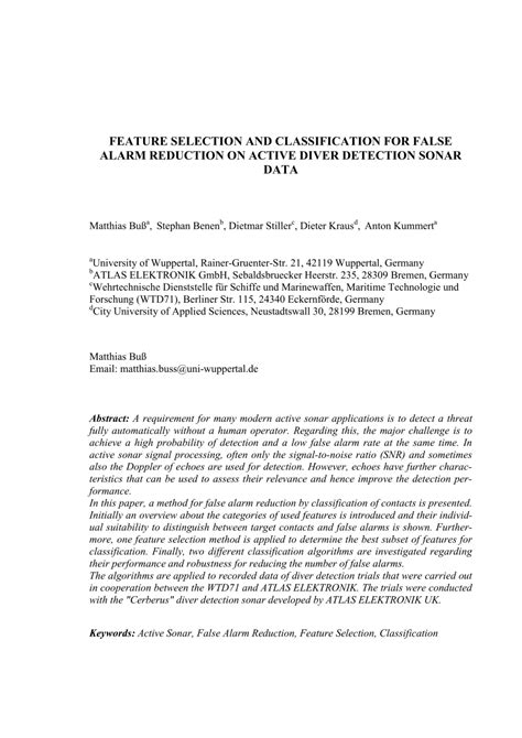 Pdf Feature Selection And Classification For False Alarm Reduction On