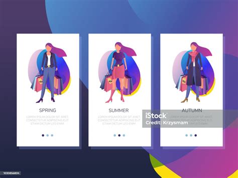 패션 쇼핑 약 세 계절봄 여름가 옷 모바일 응용 프로그램 서식 파일이 개념 벡터 평면 디자인 일러스트 레이 션 개체 그룹에 대한