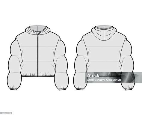 후드 재킷 다운 퍼퍼 코트 기술 패션 일러스트와 긴 소매 지퍼 업 클로저 박시 핏 작물 길이 0명에 대한 스톡 벡터 아트 및 기타 이미지 Istock