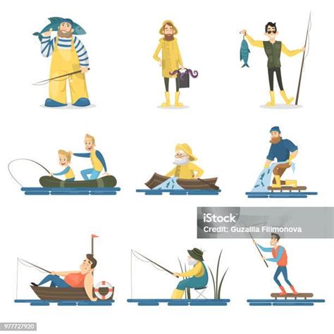 피셔 사람들 설정합니다 낚시에 대한 스톡 벡터 아트 및 기타 이미지 낚시 어부 남자 어부 Istock