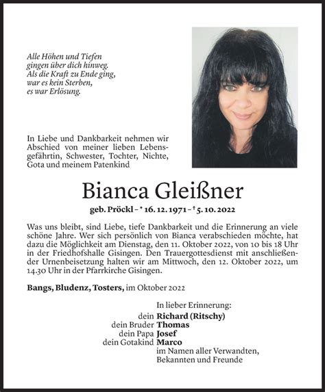 Todesanzeigen von Bianca Gleißner Todesanzeigen Vorarlberger Nachrichten