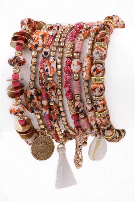 Peach Assorted Bead Bracelet Set Bracelets