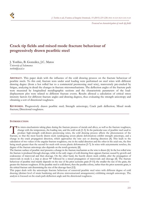 Pdf Crack Tip Fields And Mixed Mode Fracture Behaviour Of Progressively Drawn Pearlitic Steel