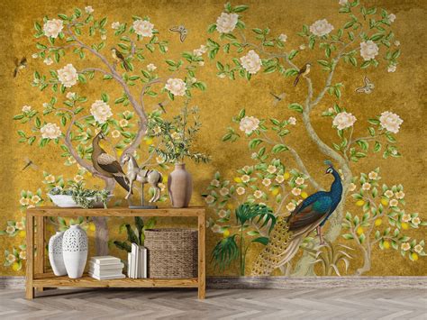 Chinoiserie Wallpaper Peacock Wall Mural Wallpaper Vintage