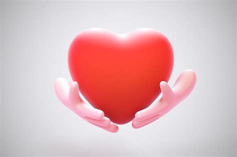 회색 배경에 빨간 심장을 들고 있는 3d 만화 인간의 손 희망 사랑 자선 및 의학의 추상적 개념 두 만화 스타일의 재미있는 열린