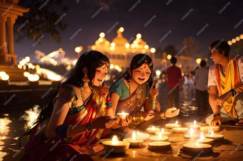 디야와 조명 사원 배경과 함께 사리 입은 인도 여성들과 함께 디발리 축하합니다 프리미엄 사진