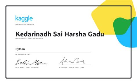 Completed Python Certification In Kaggle G Kedarinadh Sai Harsha