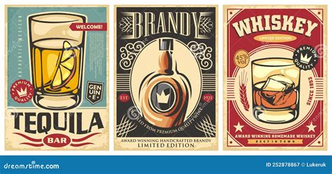Whiskey Tequila And Brandy Retro Poster Designs Stock Vector