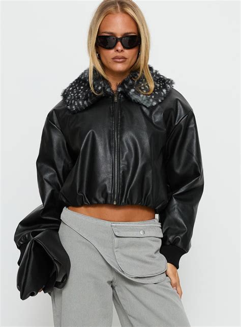 Koemi Faux Leather Collared Jacket Black Princess Polly