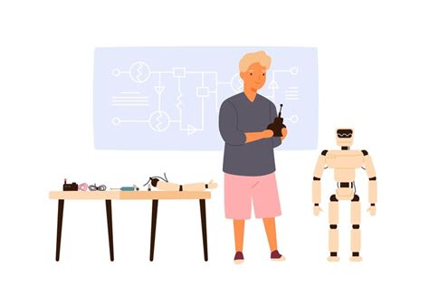원격 제어로 똑똑한 어린이 조작 로봇 전자 Ai를 만드는 소년 생성자 젊은 엔지니어 발명품 현대 기술 흰색에 평면 벡터