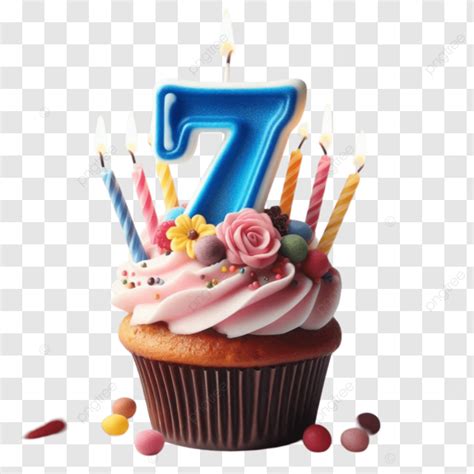 투명한 배경에 캔들 컵 케이크가 있는 3d 일곱 번째 생일 투명한 배경에 캔들 컵 케이크가 있는 3d 일곱 번째 생일 촛불 컵 케이크와 일곱 번째 생일 생일 케이크