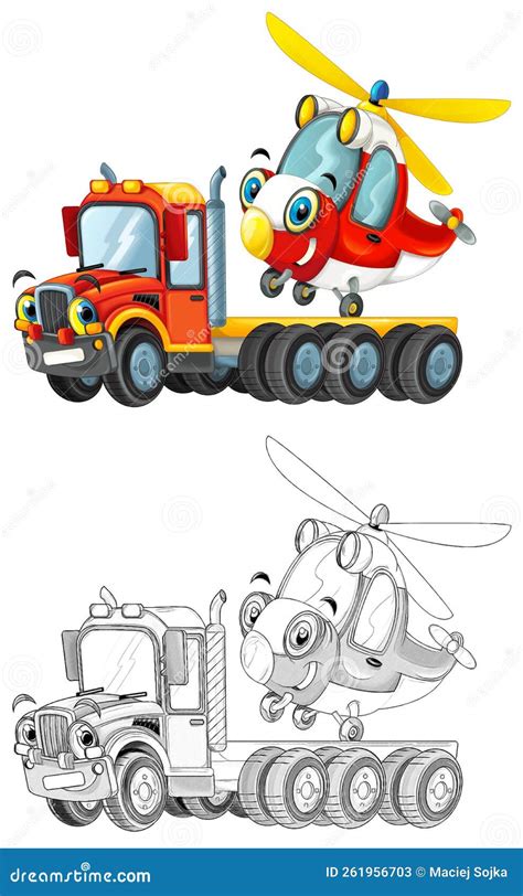 Happy Cartoon Tow Truck Driver And Helicopter Isolated Stock
