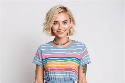 Happy Pretty Gen Z Blonde Young Woman Cute Girl With Short Blond Hair