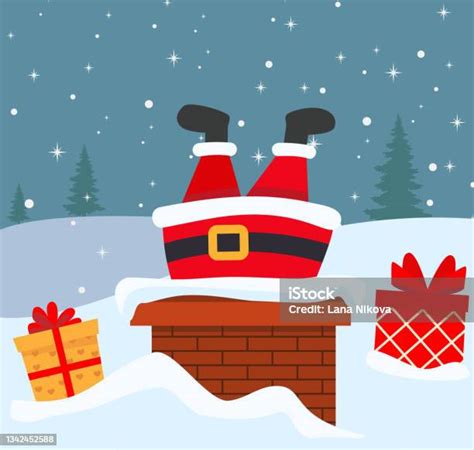 굴뚝에 귀여운 산타 클로스의 벡터 만화 그림 크리스마스 인사말 카드 벡터 일러스트 디자인 12월에 대한 스톡 벡터 아트 및 기타 이미지 12월 겨울 계절 Istock