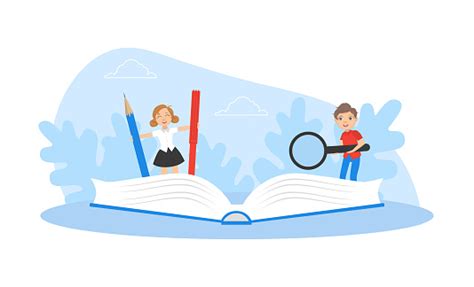 귀여운 소년과 소녀 운동 책에서 쓰기 거대한 학교 용품공부 하는 아이 학교 개념 벡터 일러스트로 돌아가기 가공의 인물에 대한 스톡 벡터 아트 및 기타 이미지 Istock