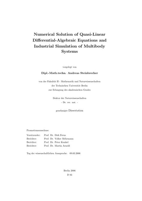 Pdf Numerical Solution Of Quasi Linear Differential Algebraic