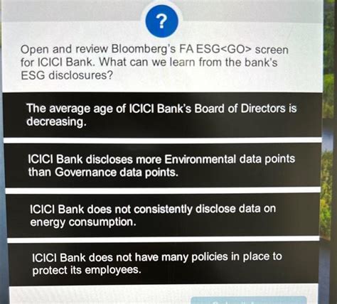 Solved Open And Review Bloomberg S Fa Esg Screen For Icici Chegg Com