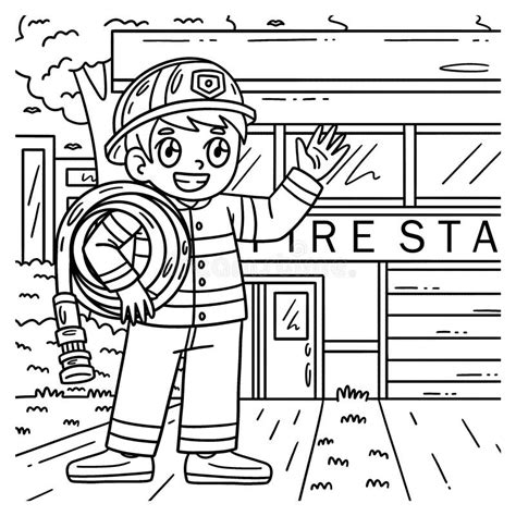 Firefighter Carrying Fire Hose Colored Cartoon Stock Vector