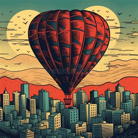 Heart Shaped Hot Air Balloon Soaring Over Cityscape Stock Illustration