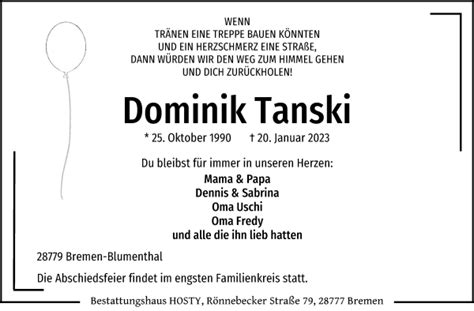 Traueranzeigen Von Dominik Tanski Trauer And Gedenken