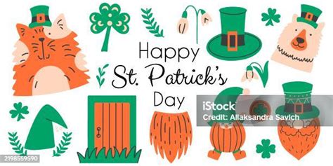 해피 세인트 패트릭 데이 전통 상징으로 설정 손으로 그린 벡터 요소를 낙서합니다 고양이 녹색 모자 레프리콘 클로버 3월에 대한 스톡 벡터 아트 및 기타 이미지 Istock