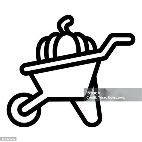 장바구니 라인 아이콘에 호박 추수감사절 개념 흰색 배경에 호박 사인이 있는 수레 수확 아이콘이 있는 정원 카트 스타일과 웹 벡터 그래픽 가을에 대한 스톡 벡터 아트 및 기타