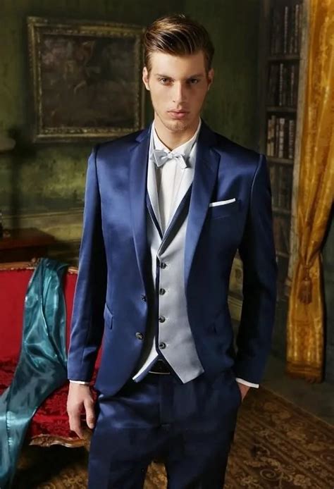 2016 Groom Tuxedo Shiny Navy Blue Groomsmen Notch Lapel Weddingdinner