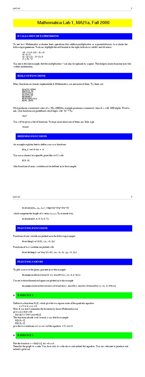 Labs Math 21a Fall 2000 Multivariable Calculus