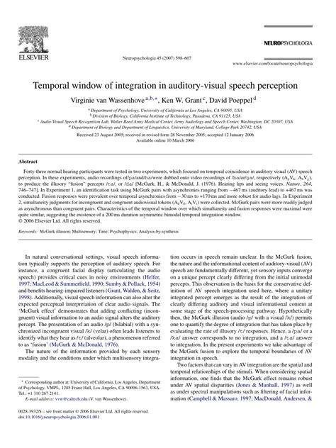 Pdf Temporal Window Of Integration In Auditoryvisual Speech Perception