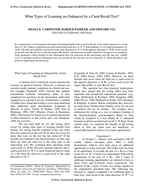 Pdf What Types Of Learning Are Enhanced By A Cued Recall Test