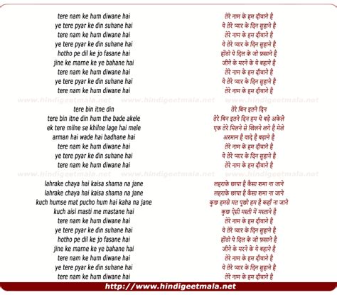 Tere Naam Ke Hum Deewane Hai Ye Tere Pyar Ke Din Suhaane Hai तेरे