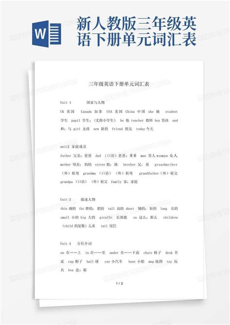 新人教版三年级英语下册单元词汇表word模板下载编号lneydbwe熊猫办公