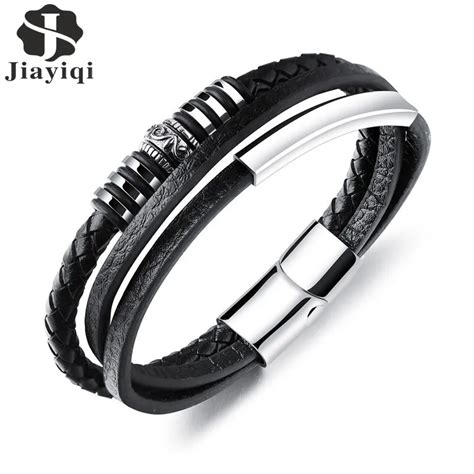 Jiayiqi Mens Black Braid Leather Bracelet With Multilayer Rope Chain
