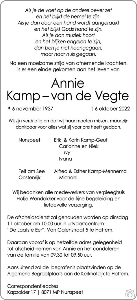 Annie Kamp Van De Vegte 06 10 2022 Overlijdensbericht En Condoleances