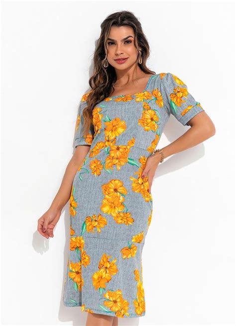 Vestido Babado Floral Azul Moda Evangélica Queima de Estoque