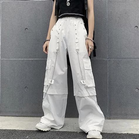 Zincir Kad Nlar Beyaz Kargo Pantolon Yaz Moda Streetwear Kad N Hip Hop