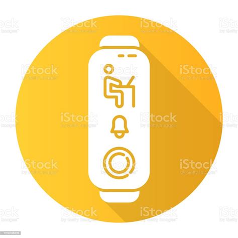 작업 남자 노란색 평면 디자인 긴 그림자 문표 아이콘 피트 니스 추적기 알림과 함께 작업 시간을 모니터링하는 웰빙 장치 직원 미리 알림이 있는 장치입니다 벡터 실루엣